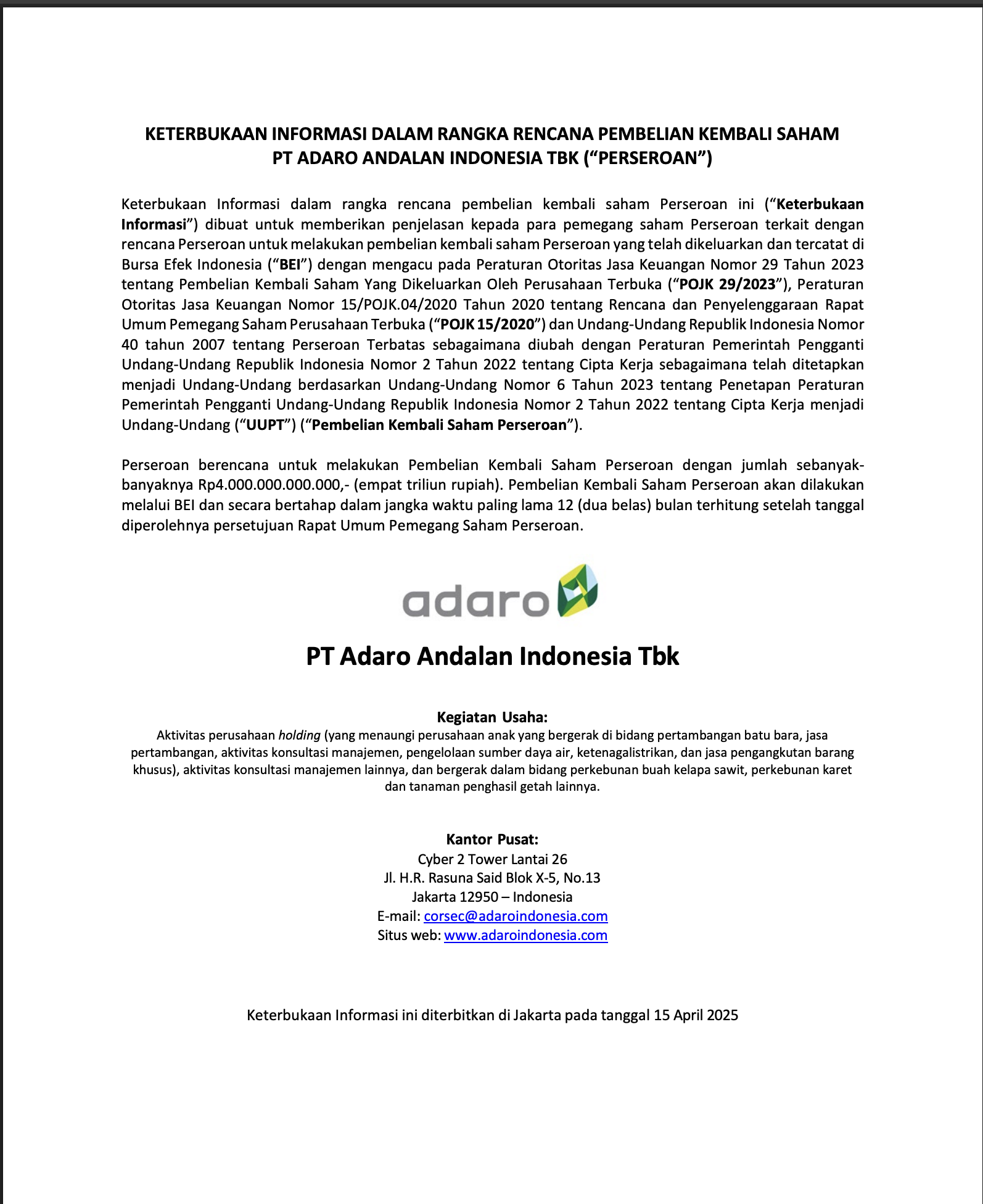 Saham: AADI - PT. Adaro Andalan Indonesia Tbk. | Stockbit